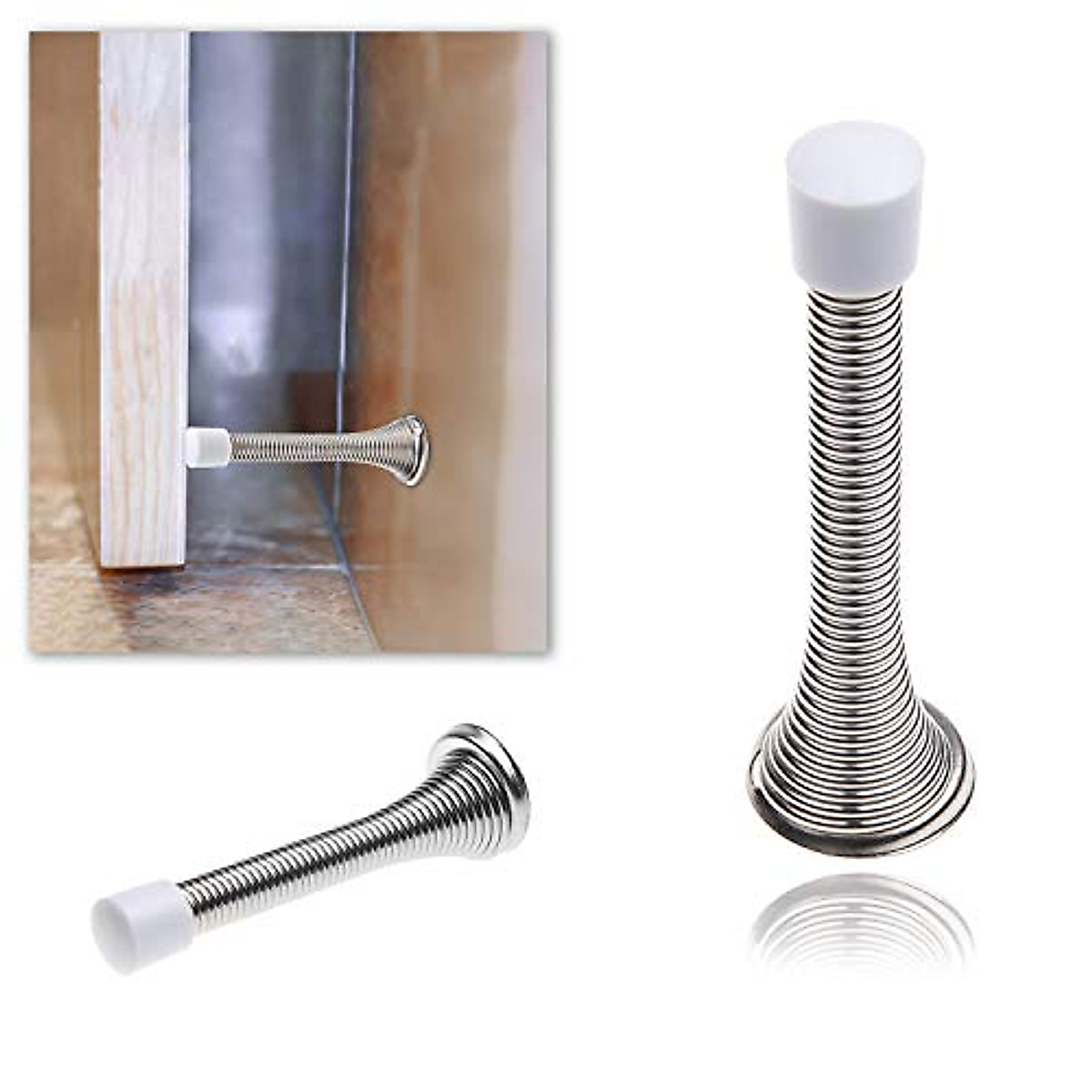 Kare & Kind 4X Spring Door Stoppers (Silver) - Screw-in Flexible Steel Stoppers with White Rubber Bumper Tips - Protect Walls from Bumps, Marks and Damages - Kid and Pet Safe - for Homes, Offices