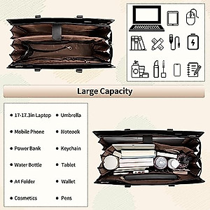 Laptop Tote Bag for Women, 17 Inch Laptop Bag Waterproof Leather Computer Tote Bag, Large Work Bag with USB Charging Port, Womens Laptop Briefcase Business Office Handbag Work Shoulder Bag, Black