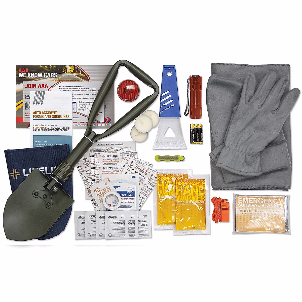 Lifeline 4390 AAA Severe Weather Emergency Road Safety Kit - 66 Pieces - Featuring Emergency Folding Shovel, Fleece Set, Fire Starter, Flashlight and More