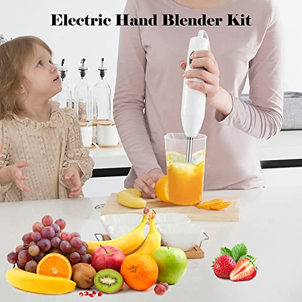 4-in-1 Electric Hand Blender Kit Stick Blender with Mixing Beaker Food Grinder Egg Beater Smoothies Chopper