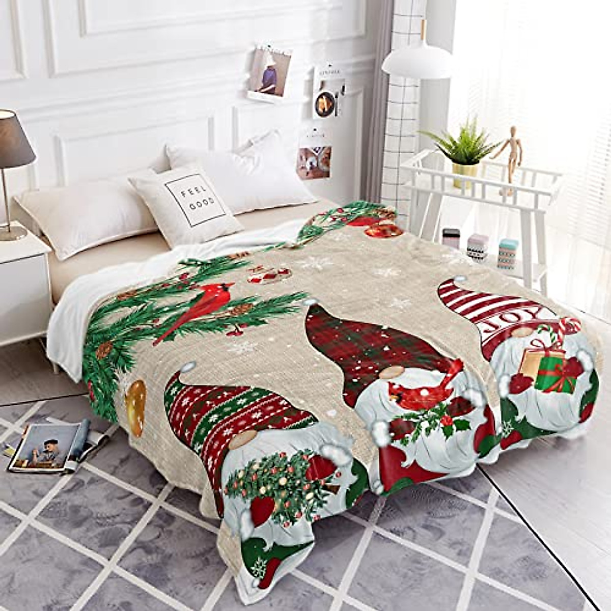 Throw Blanket- Christmas Gnomes Elf Soft Warm Plush Fleece Bed Throw,50x60In Flannel Blankets Xmas Pine Tree Red Cardinal Snowflake Bedding Throws for Women/Men Bedroom Living Room Office Retro Linen