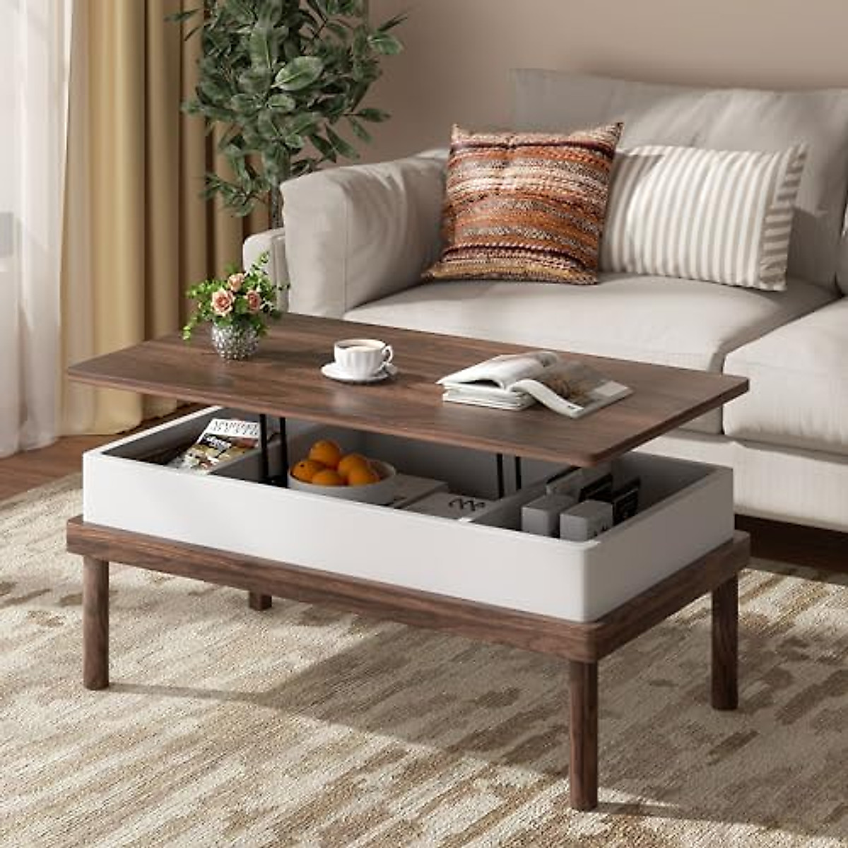 Shintenchi Coffee Table, Lift Top Coffee Table with Hidden Compartment, Rising Tabletop Dining Table, Lift Top Coffee Center Table for for Living Room, Office, Home (Walnut)