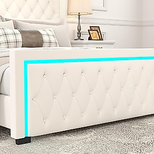 DNYN Upholstered Velvet Queen Size Platform Bed with High Headboard & LED Light Design,Solid Wood Bedframe w/Deep Tufted Buttons & Wide Wingbacks,Perfect for Bedroom,Guest Room, Beige