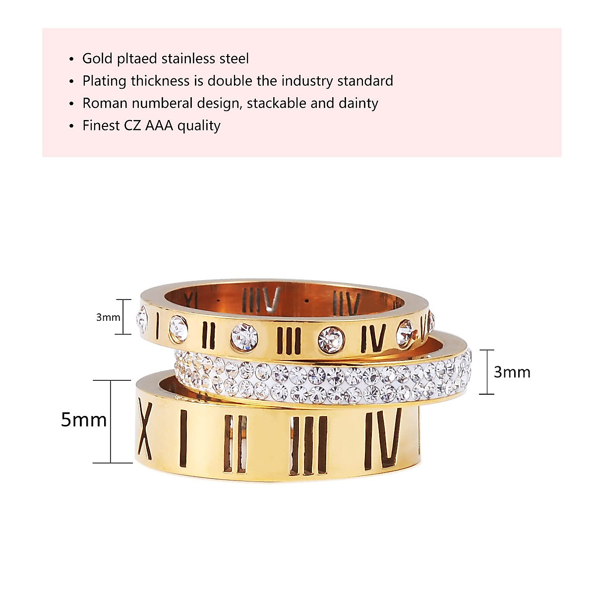 UNAPHYO Roman Numeral Stackable Rings for Women 3pcs Set Stainless Steel Cubic Zirconia Engagement Wedding Bands Stacking Ring Gold Plated Size 7