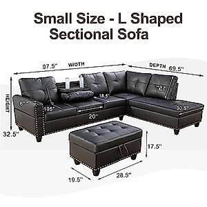 GEBADOL Living Room Furniture Sets,Small Leather Sectional Sofa,L Shaped Couch with Cup Holder and Ottoman(Right-Facing,Black Leather Sofa)
