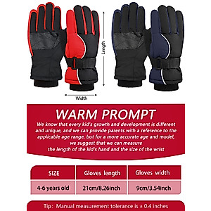 2 Pairs Kids Winter Ski Gloves, Waterproof Windproof Warm Gloves Cold Winter Gloves Unisex Warm Gloves for Boy Girl Skiing (Black, Red,4-6 Years)