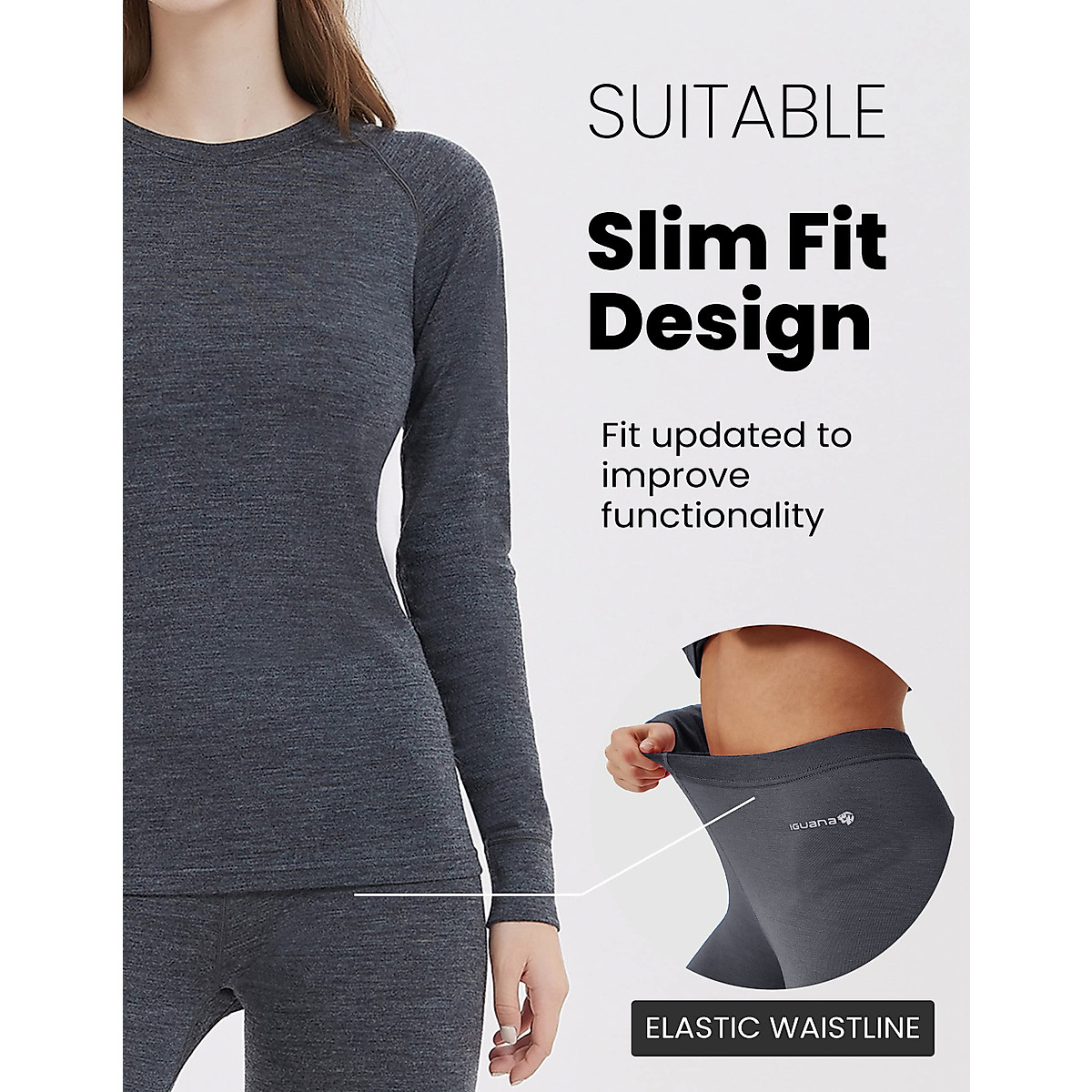 Iguana Womens 100% Merino Wool Base Layer Sets for Ski Lightweight Thermal Underwear Heather Grey