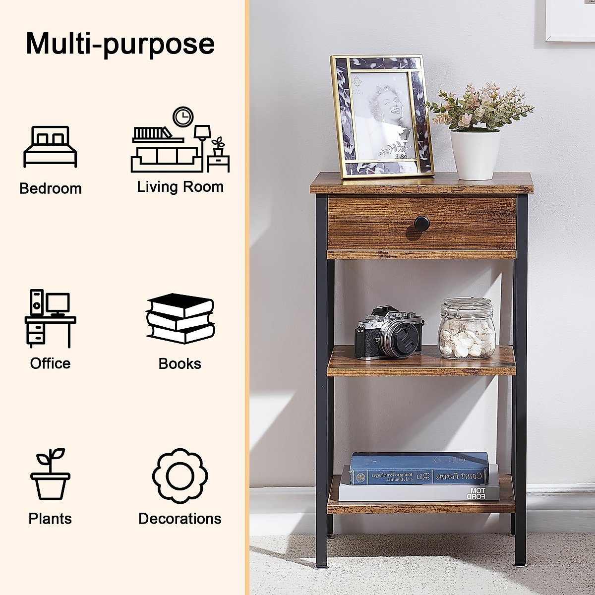 VECELO Tall End Side Table,Nightstand with Adjustable Shelf and Bin Drawer for Living Room/Bedroom/Entryway Small Spaces