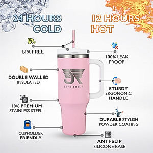 JR-FAMILY 40oz Spill Proof Tumbler with Lid Straw and Handle, Stainless Steel Insulated Travel Coffee Mug, Cup Holder Friendly, Easy Clean, Gifts for Women Men - Baby Pink