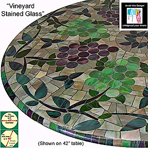 Mosaic Table Cloth Round 36 Inch To 48 Inch Elastic Edge Fitted Vinyl Table Cover Vineyard Stained Glass Pattern Brown Purple Green