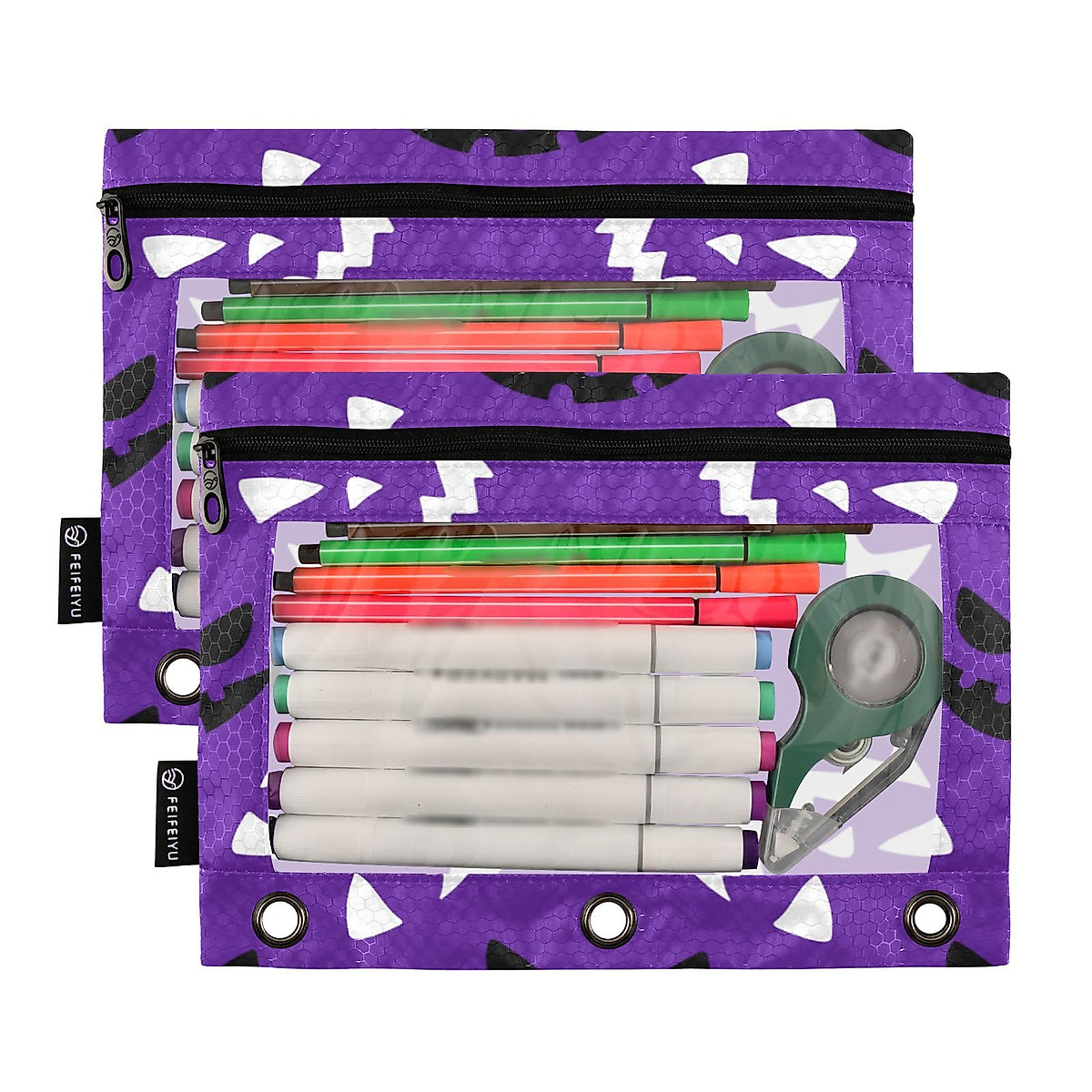 MCHIVER Halloween Face Purple Pencil Pouch for 3 Ring Binder Pencil Case with Zipper Clear Window Pencil Bags for Office Daily 2 Pack