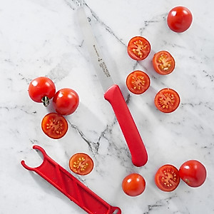 Messermeister 4.5” Serrated Tomato Knife with Matching Sheath, Red - German 1.4116 Steel Alloy - Rust Resistant & Easy to Maintain - Handcrafted in Santa Catarina, Portugal