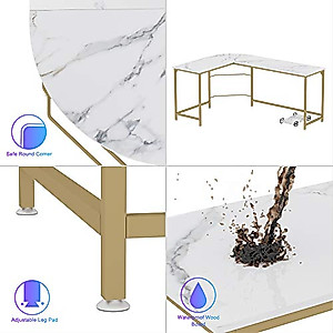 Teraves Reversible L-Shaped Desk Corner Gaming Computer Desk Office Workstation Modern Home Study Writing Wooden Table (Large, White Marbling+ Gold Frame)