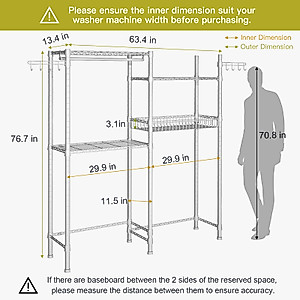 Ulif Clothes Drying Rack, Over Washer and Dryer Laundry Room Storage Shelf, Bathroom Towel Rack Space Saver with Adjustable Shelves, Wire Basket, and Rotatable Hooks, 63.4"L x 13.4"D x 76.7"H, White