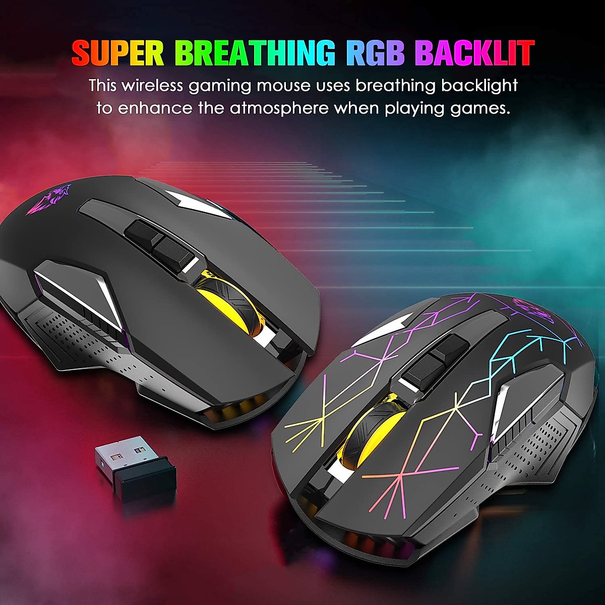 FELICON Wireless Gaming Mouse, Rechargeable Silent Click Adjustable DPI Optical Computer Mice, 2.4Ghz Wireless Mouse with Colorful LED Backlit for Windows/Mac/Linux/PC/Laptop(Star Black)