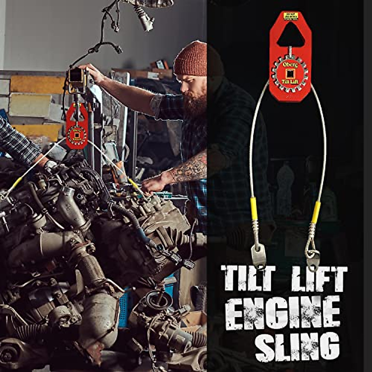 Oberg Tilt Lift - Engine Hoist Sling | No Chain Hoist Hassle | 1 Ton Capacity | 45 Degree Tilt | Single Hand Operation | Easy Engine Swap | Mounting Cleats Fasten to Any Engine | 3 to 1 Safety Factor