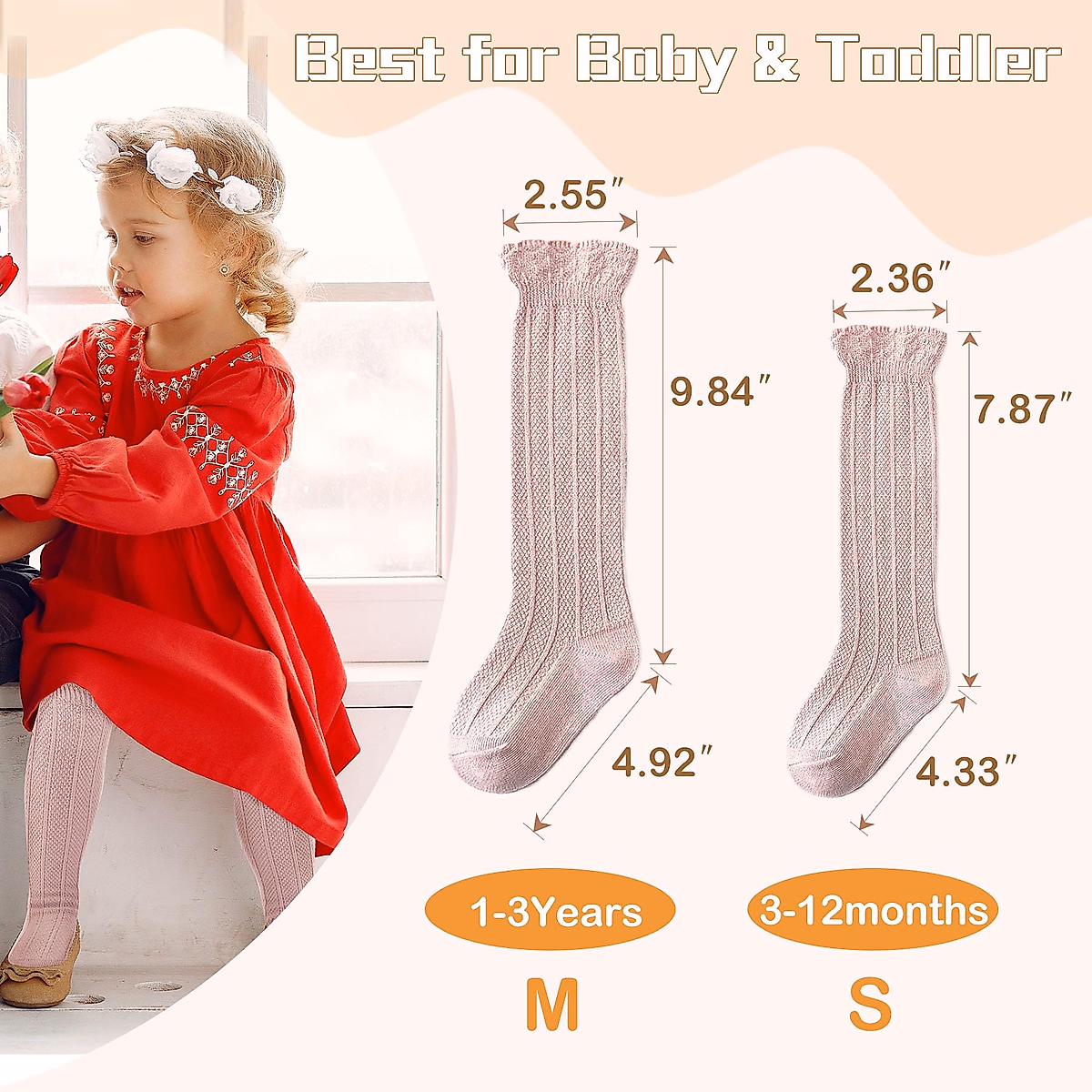 Zando Toddler Knee High Socks Girls White Ruffle Thigh High Stockings Kids Baby Knee High Tube Socks Cotton Breathable White Socks for Toddlers Girls 18-24 Months Milk White 1Pack 12-24 Months