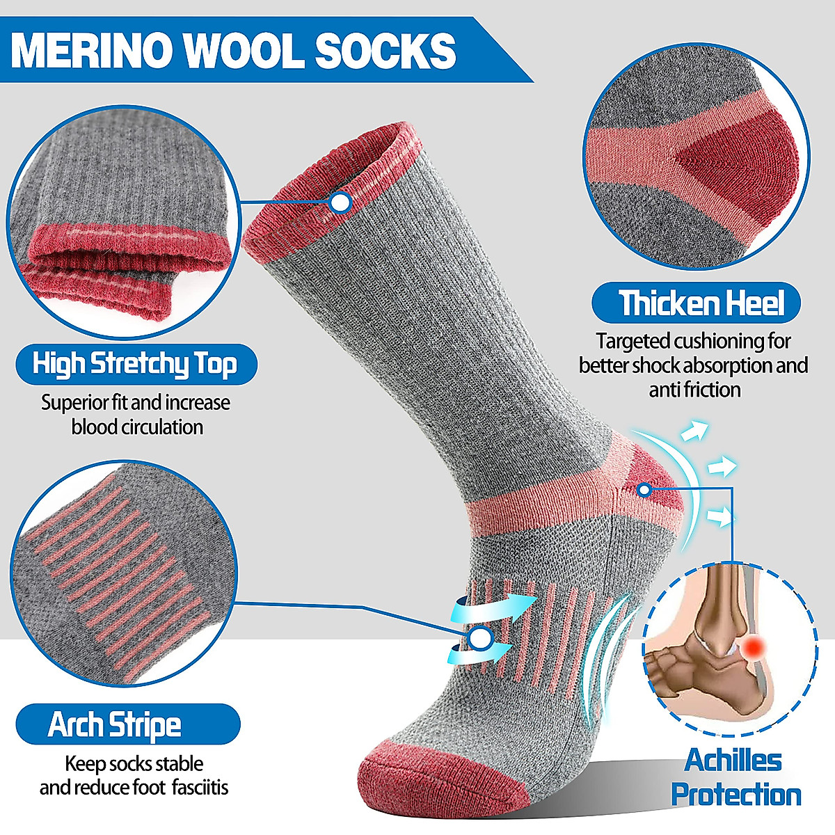 Merino Wool Hiking Socks for Women Men Warm Thermal Winter Cozy Boot Work Crew Socks Gifts Stocking Stuffers 5 Pairs (Light Stripes B,L)