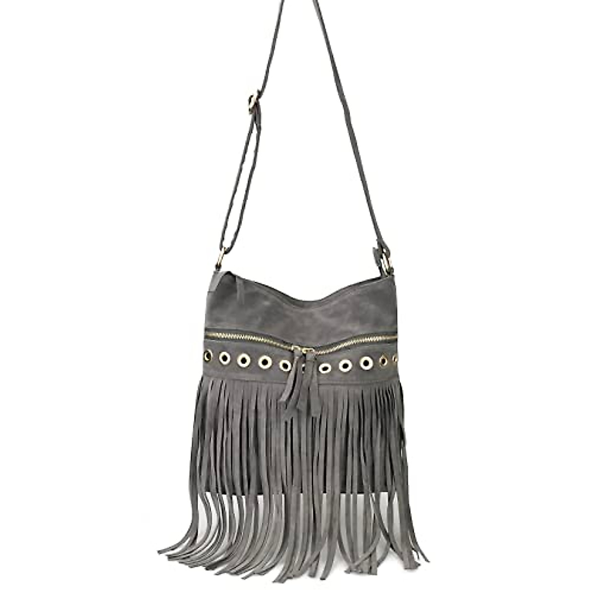 HOXIS Studded Tassel Zipper Pocket Faux Suede Leather Cross Body Bag Womens Purse (Gray)