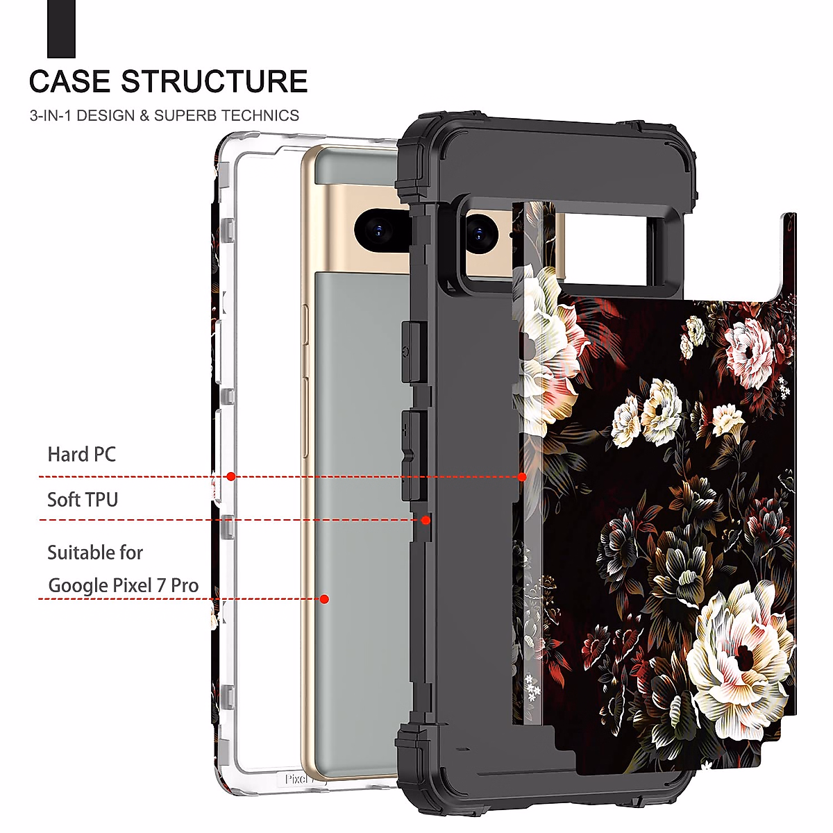 LONTECT for Google Pixel 7 Pro 5G Case Floral Shockproof Heavy Duty 3 in 1 Hybrid Sturdy High Impact Protective Cover Girls Women Case for Google Pixel 7 Pro 2022,White Flower