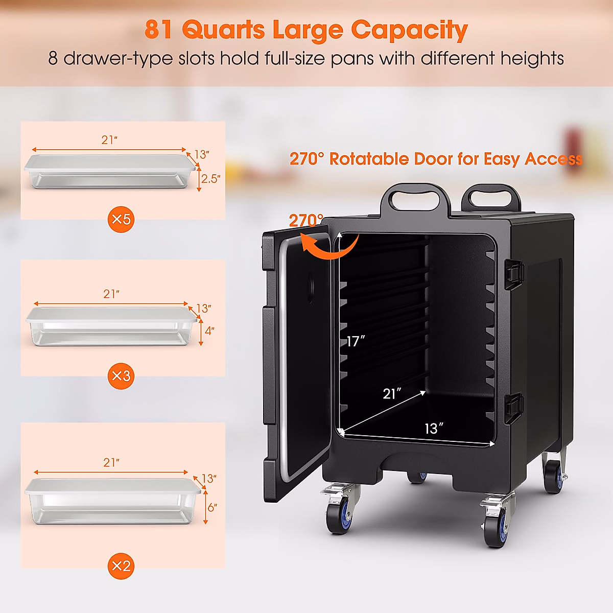 Goplus Hot Box for Catering, 5 Full-Size Pans Insulated Food Pan Carrier with 81 Quart Capacity, Wheels, Handle,Food-Grade LLDPE Material, Portable Food Warmer Box for Restaurant Canteen Hotel