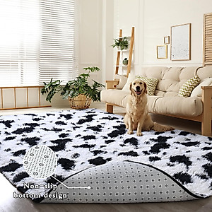 DweIke Super Soft Shaggy Rugs Fluffy Carpets, 3x5 Feet, Cow Print Rug for Living Room Bedroom, Fluffy ​Rug for Girls Kids Room, Shag Plush Rug for Teen Room Decor, Black-White