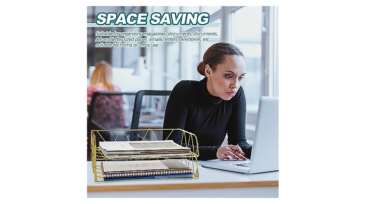 Yeaqee 4 Tier Gold Desk Organizer - Stackable Metal File Trays