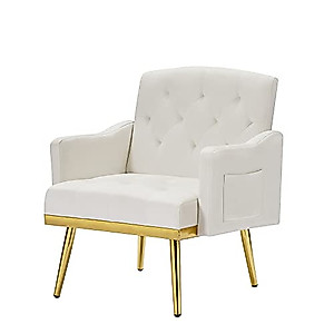 hansones Velvet Accent Armchair with Gold Metal Legs, Modern Upholstered Lounge Chair for Living Room (Off White)