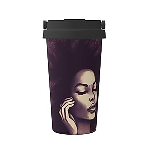 GTKSYNVE Reusable Coffee Mug with Lid and Handle, African Hair Black Women Tumbler for Hot & Cold Drinks 16oz Stainless Steel Insulated Coffee Tumblers Double Wall Vacuum Thermal Cup