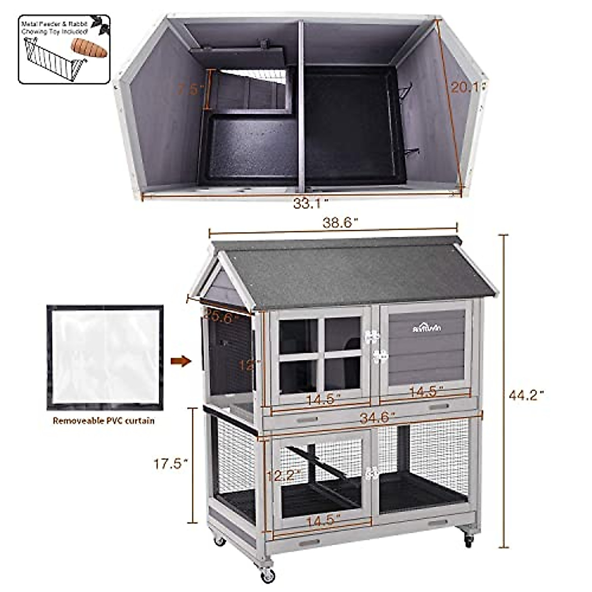 Rabbit Hutch Indoor Rabbit Cage for Small Animals Outdoor Bunny Cage with Movable Wire Netting, Guinea Pig Habitat On Wheels,Pull Out Leak Proof Tray (Grey+Camel)
