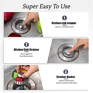 Drain Stopper Kitchen Sink Drain Strainer 3 in 1 Pop up Sink Stopper Stainless Steel Strainers for Kitchen Anti-Clogging and Fast Drainage Sink Stoppers for US Standard 3-1/2 Inch Kitchen Drain