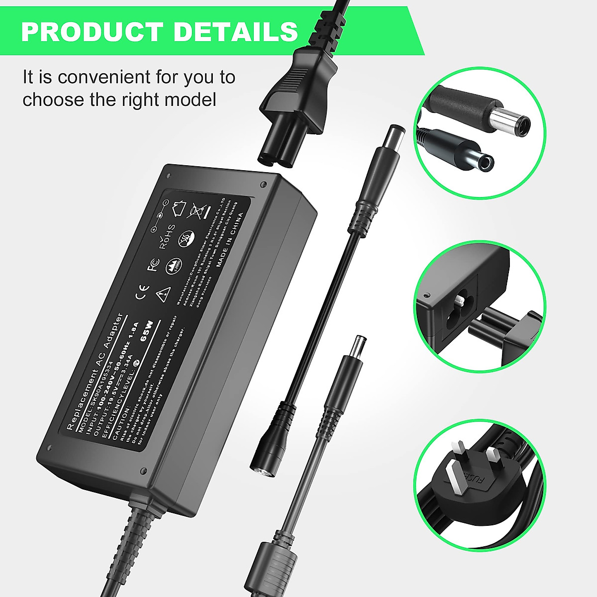 65W 45W Laptop Charger for Dell Inspiron, Latitude & XPS Models - Round 7.4mm & 4.5mm Connectors Chargers for Dell inspiron 13 14 15 17 3000 5000 7000 Series Power Adapter