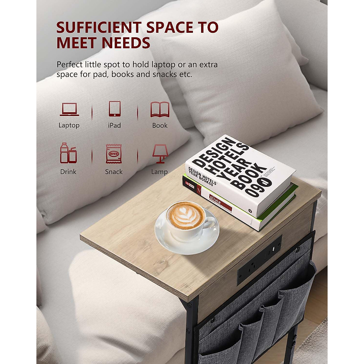 Evermagin C Shaped End Table with Charging Station, Small Side Table for Recliner, Over Couch Table with Outlet and Storage Bag, Slide Under Sofa Tray Table for Living Room, Bedroom, Greige