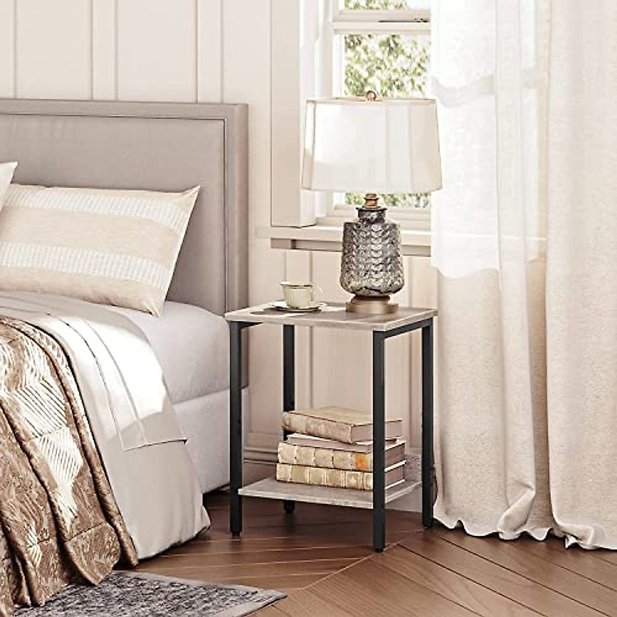 ALLOSWELL End Table, Side Table with Storage Shelf, Slim Nightstand, Steel Frame, for Living Room, Study, Bedroom, Industrial Design, Greige ETHG5001