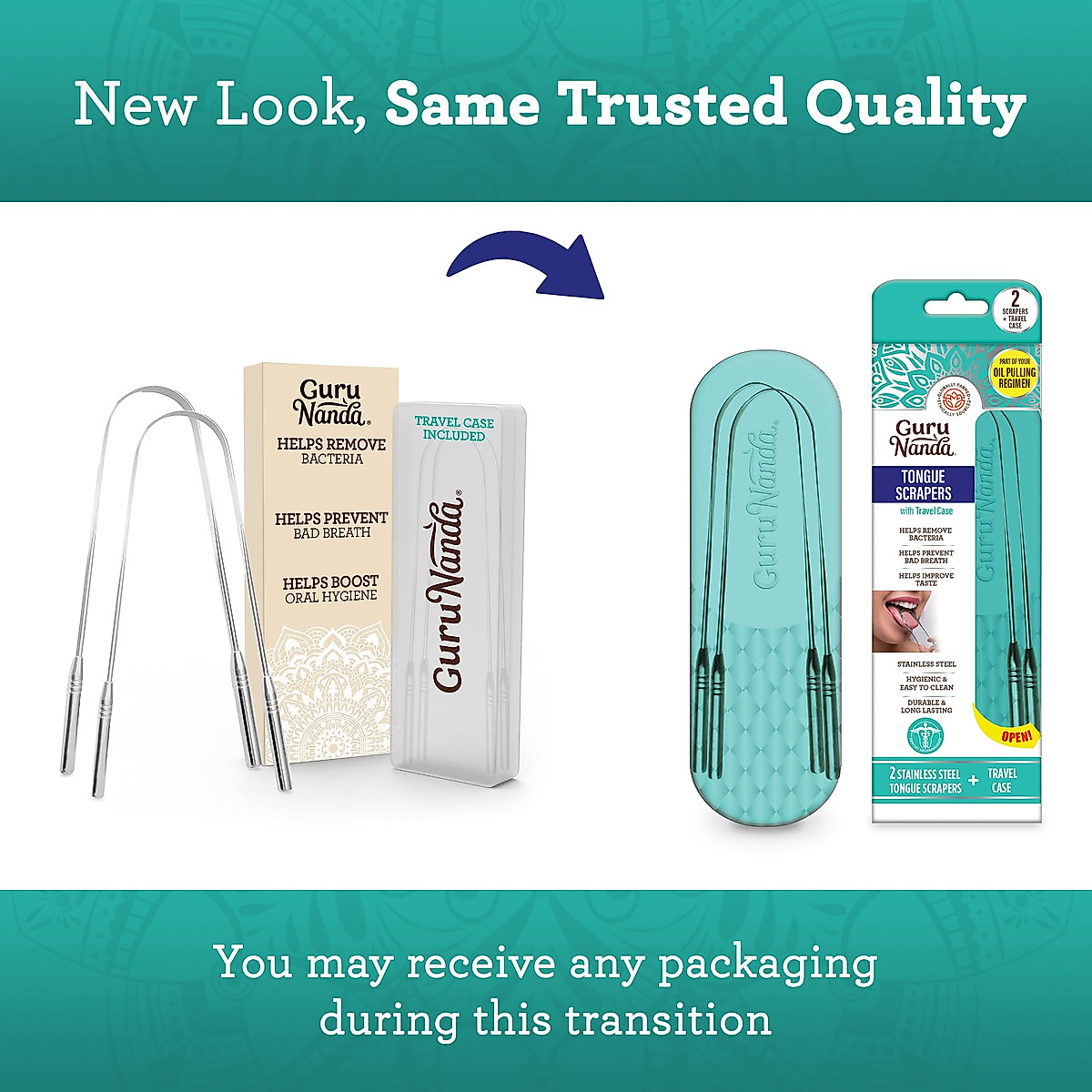 GuruNanda Tongue Scraper for Adults (2 Pack) with Travel Case, 420 Medical-grade 100% Stainless Steel Tongue Cleaner, Aids in Fresh Breath & Oral Care
