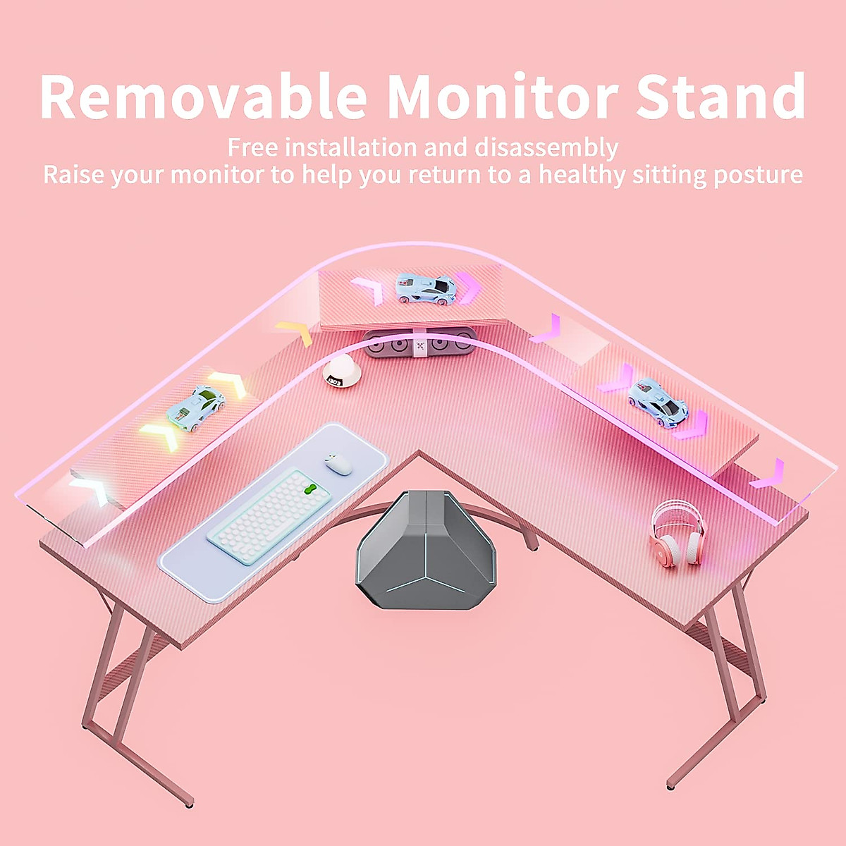 VICTONE L Shaped Gaming Desk, Corner Desk with Monitor Stand, Computer PC Table for Home Office Writing Studying Working, Space-Saving, Easy Assemble(Pink,51'')