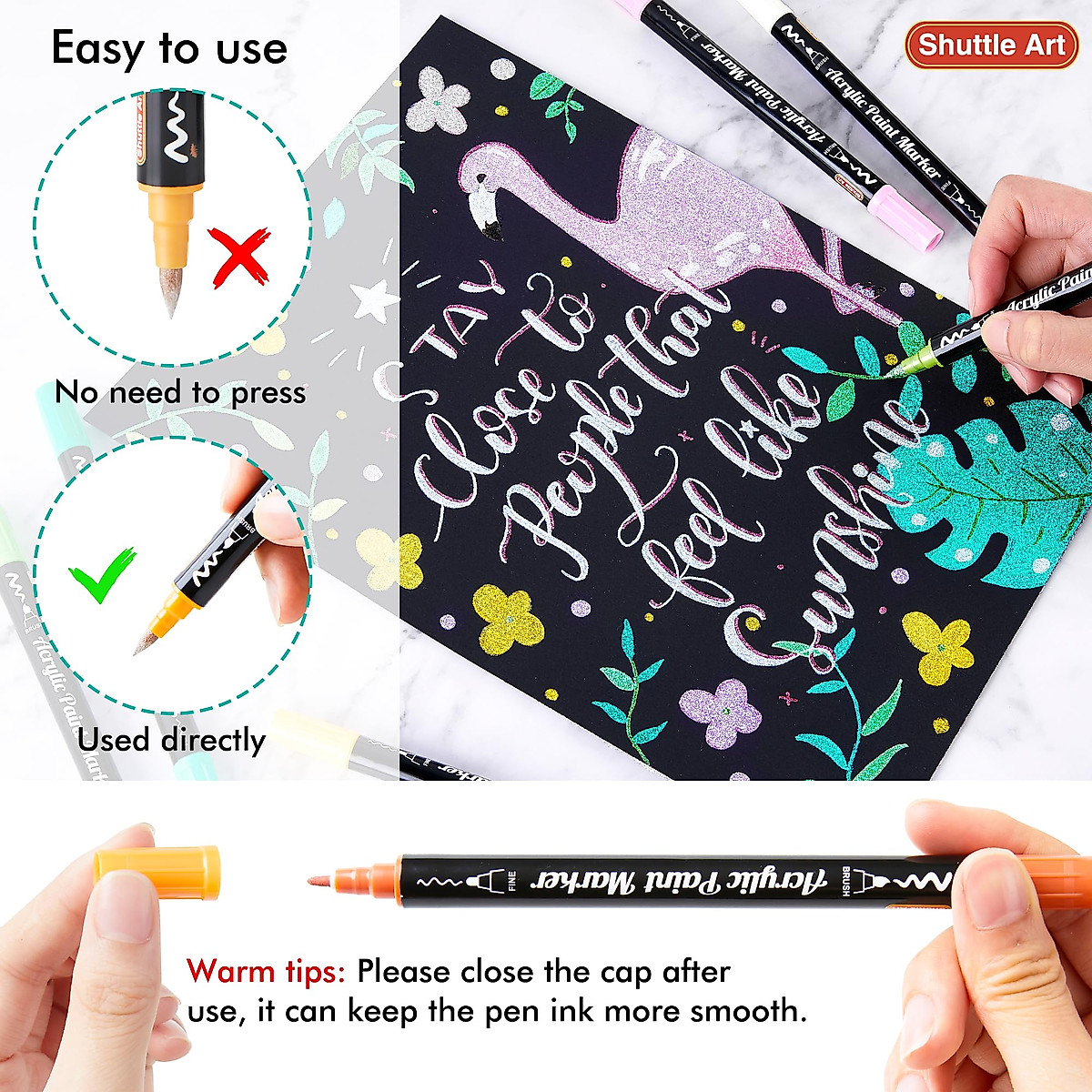 28 Metallic Colors Dual Tip Acrylic Paint Markers, Brush Tip and Fine Tip Acrylic Paint Pens for Rock Painting, Ceramic, Wood, Canvas, Plastic, Glass, Stone, Calligraphy, Card Making, DIY Crafts