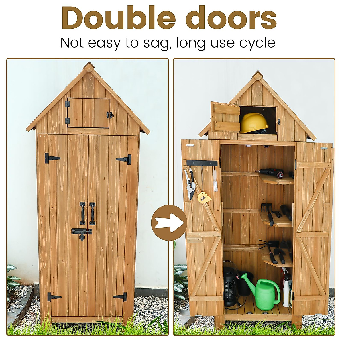 Wooden Outdoor Storage Shed with Double Doors,70” Tall Waterproof Storage Shed with Lock,Sheds & Outdoor Storage with Windproof Tipping for Deck,Backyard Garden and Yard