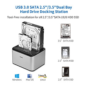 SSK Aluminum Hard Drive Docking Station, USB 3.0 to SATA Dual Bay External HDD Dock Caddy Reader for 2.5 & 3.5 inch SATA HDD SSD, with UASP Offline Cloner/Duplicator Function(2x16TB Supports)