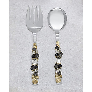 YoTreasure Tiramisu Crystal Radiance Stainless Steel Black & White Salad Server Spoon and Fork Set for Modern Kitchen