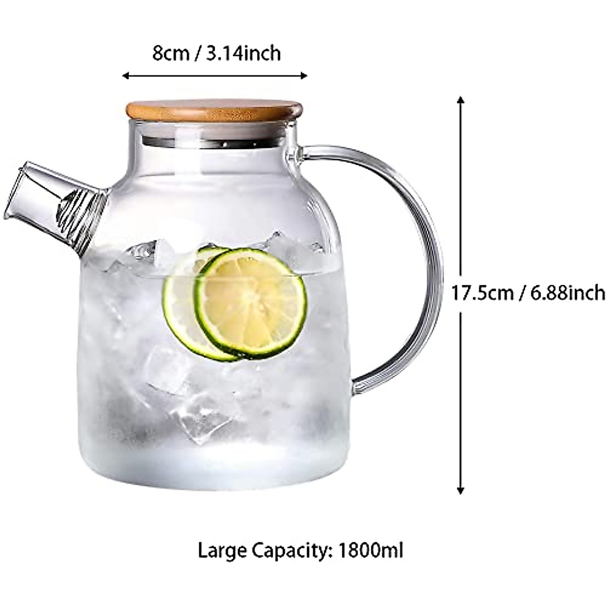 Acoode Glass Water Pitcher with Bamboo Lid Large Capacity Cold Water Tea Pot with Filter for Hot/Cold Water and Iced Tea (1800ML/60Oz)