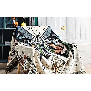 Shesyuki Boho Throw Blanket Reversible Cotton Bohemian Tapestry Hippie Room Decor Outdoor Blanket Double Sided (Month Moth White, 50"x60")