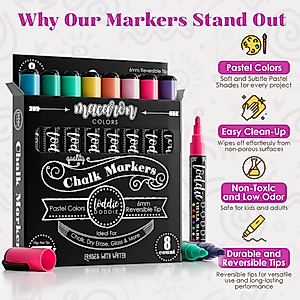 Loddie Doddie Liquid Chalk Markers for Chalkboard - 6mm Reversible Chisel and Bullet Tips, Chalkboard Markers Erasable, Macaron Pastel Chalk Pens 8 Count