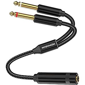 HOSONGIN 1/4 TRS Stereo Jack to Dual 1/4 TS Mono Y-Splitter Insert Cable, Nylon Braided Jacket Gold-Plated Plug Double Shielding Cable, 1 Feet