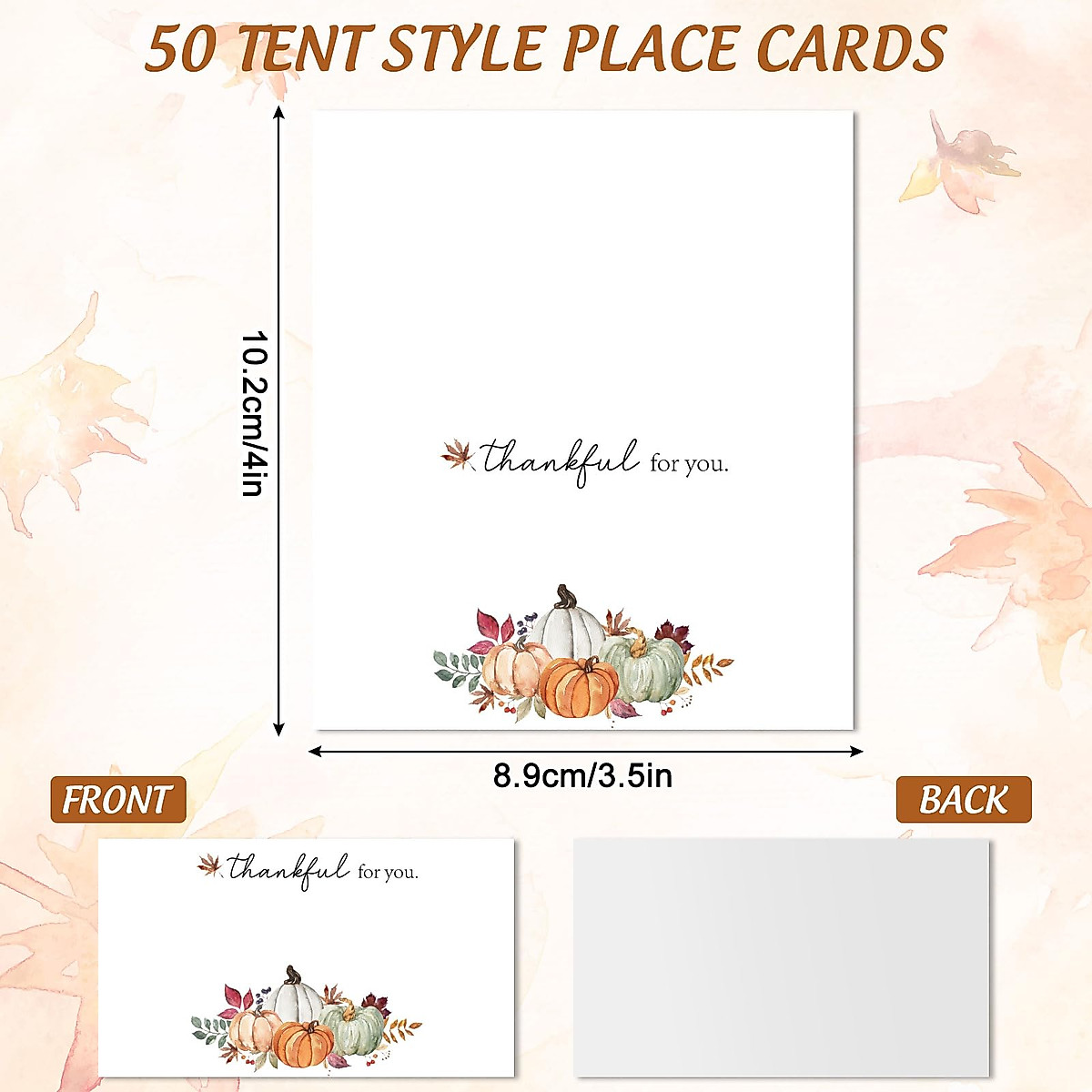 JarThenaAMCS 50Pcs Thanksgiving Table Tent Place Cards Thankful Pumpkin Guest Seating Cards Name Escort Card Folded Seat Assignment Setting Label for Wedding Baby Shower Birthday Party
