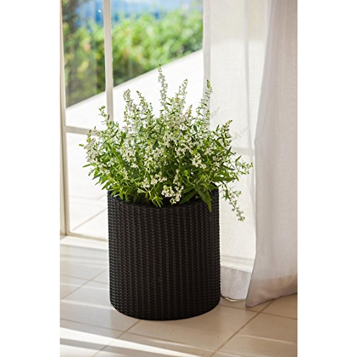 Keter Resin Wicker Cylinder Flower Pot Set of 3 Small, Medium, and Large Planters with Drainage Plugs for Outdoor or Indoor Plants, Charcoal Grey