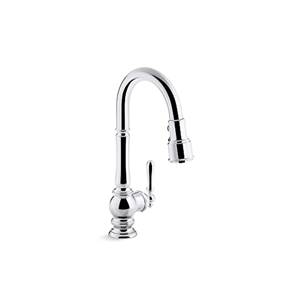 KOHLER Artifacts Single-hole kitchen sink faucet with 16" pull-down spout and turned lever handle, DockNetik magnetic docking system, and 3-function sprayhead featuring Sweep and BerrySoft spray