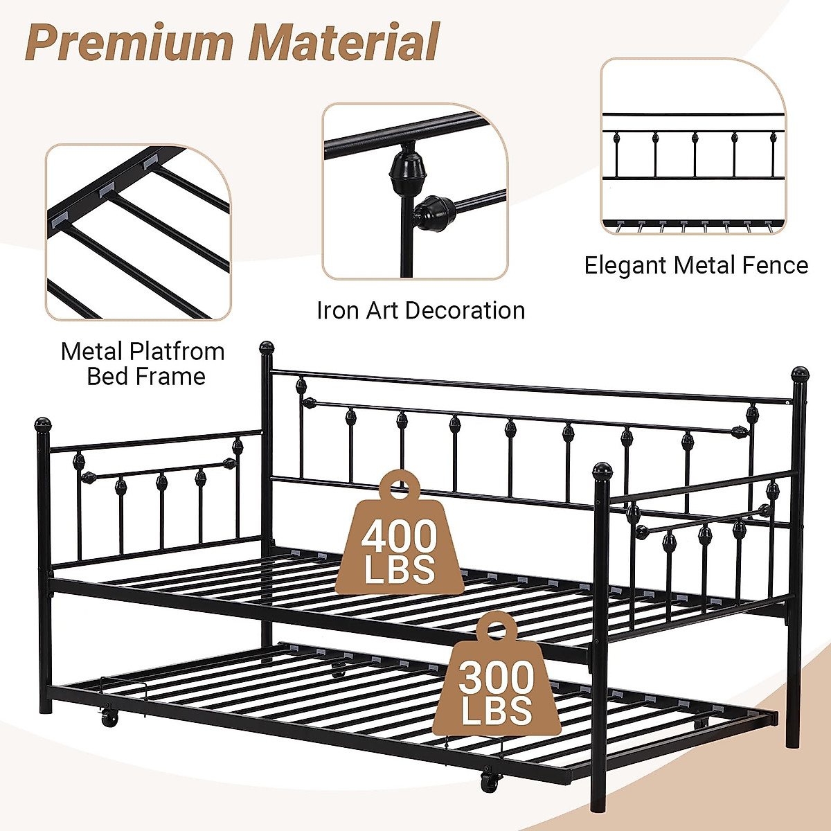 Zevemomo Twin Metal Daybed with Trundle, Black Twin Size Metal Sofa Bed Daybed with Pull Out Trundle Bed for Bedroom Living Guest Room, Heavy-Duty Day Bed No Box Spring Needed, Easy Assembly