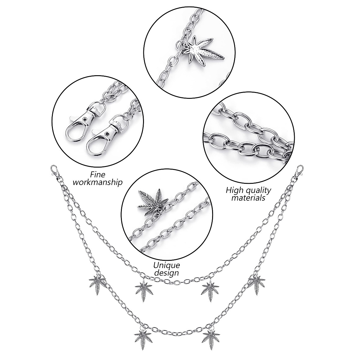 5 Pieces Chain Belt Jeans Pants Chain Pocket Waist Chain Multi-Layer Hip Hop Metal Wallet Chain for Men Women (Leaf,Silver)