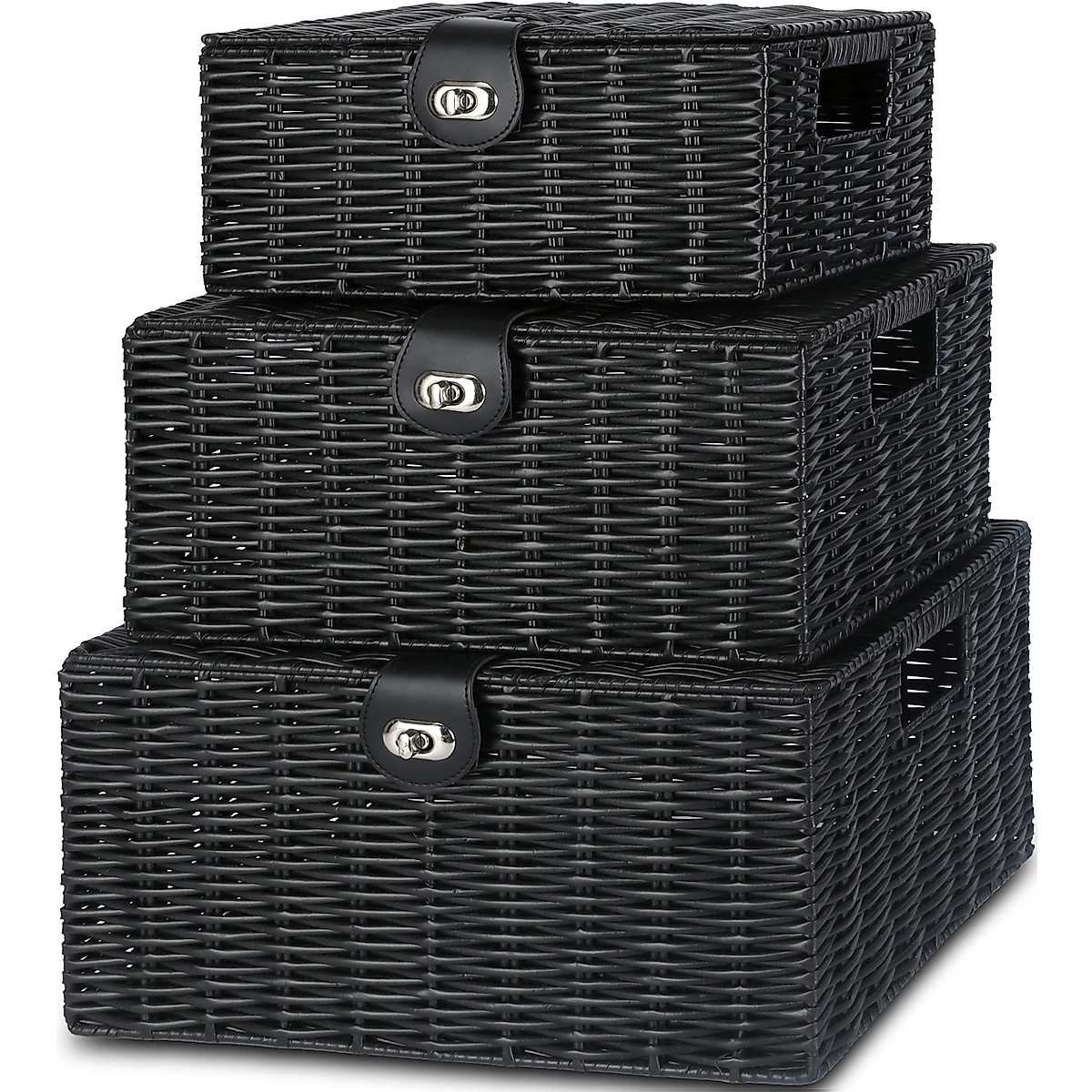 Honygebia Black Wicker Storage Baskets - Set of 3 Decorative Nesting Boxes with Lids, Woven Basket with Lock & Handle, Organizer for Beauty Makeup Bathroom Decor